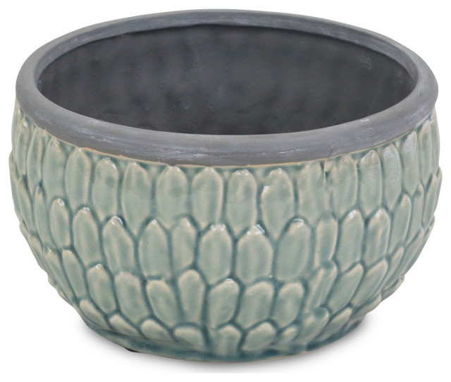 Round Blue Ceramic Pot, Overlapping Leaf Pattern, 8" - Contemporary ...