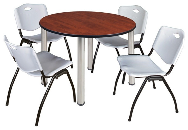 Kee 48" Round Breakroom Table, Cherry/ Black and 4 'M' Stack Chairs ...