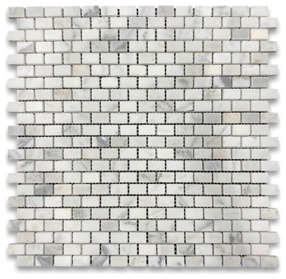Mini Brick Offset Subway Mosaic Statuary White Marble Tile Honed, 1 ...