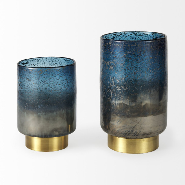 8" Artisan Blue and Gold Metallic Flat Bottom Vase - Contemporary ...