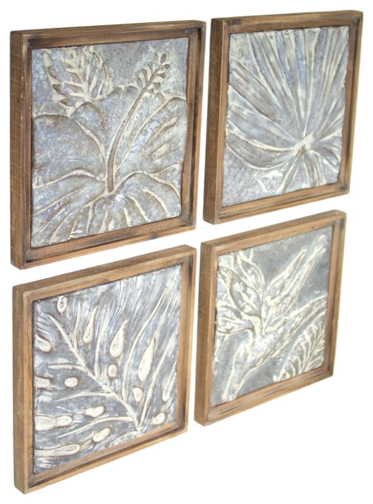 Tropical Botanical 18" Square Embossed Metal Tiles Wall Art, 4-Piece ...