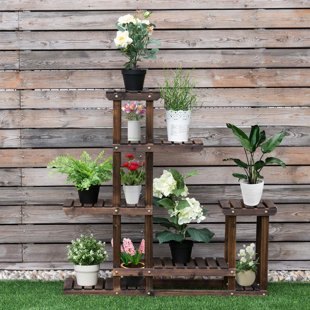 Costway Outdoor Wooden Plant Flower Display Stand 6 Wood Shelf Storage ...