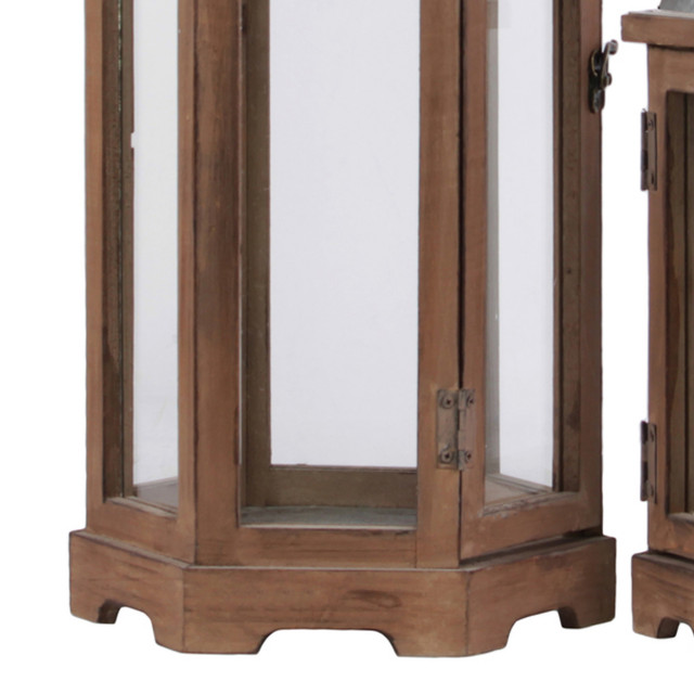 Wood, Metal and Glass Lanterns with Ring Handle, Brown and Gray, Set of ...