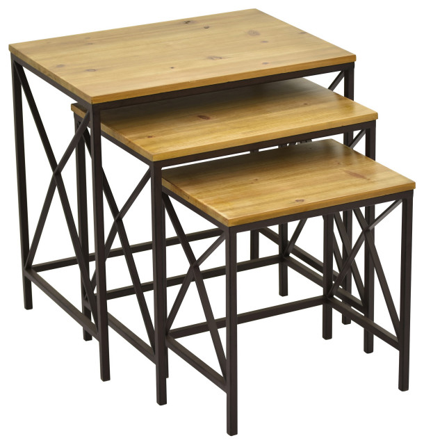 Plutus Brands Metal With Wood Top Table, Brown Metal Set Of 3 ...