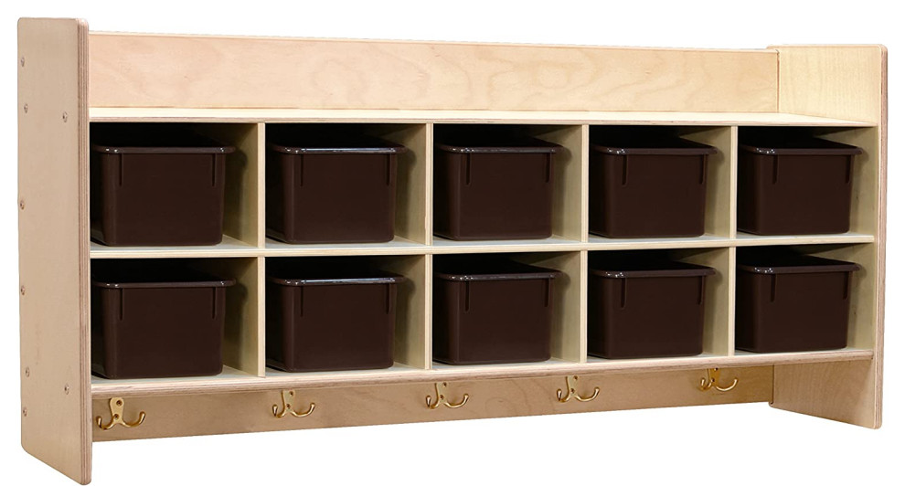10 Section Wood Cubbies Storage, Brown Bins, Wall Hanging Organizers ...