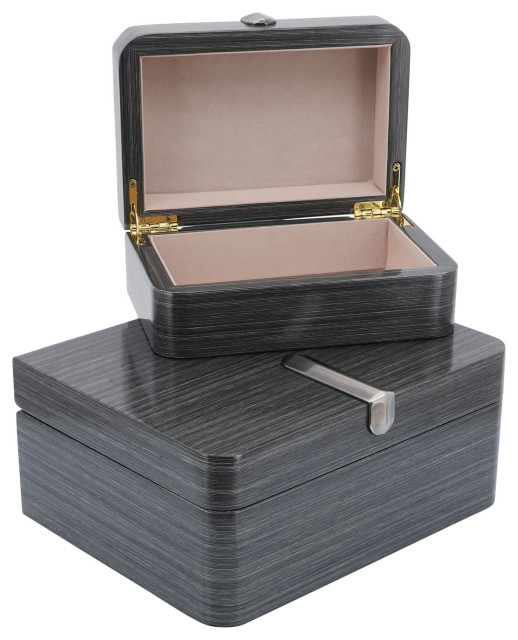 Wood, Set of 2 7/9" Boxwith Metal Clasp, Gray - Transitional ...