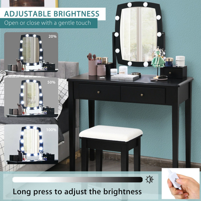 Modern Vanity Set, Cushioned Backless Stool & Dimmable Lighted Mirror ...