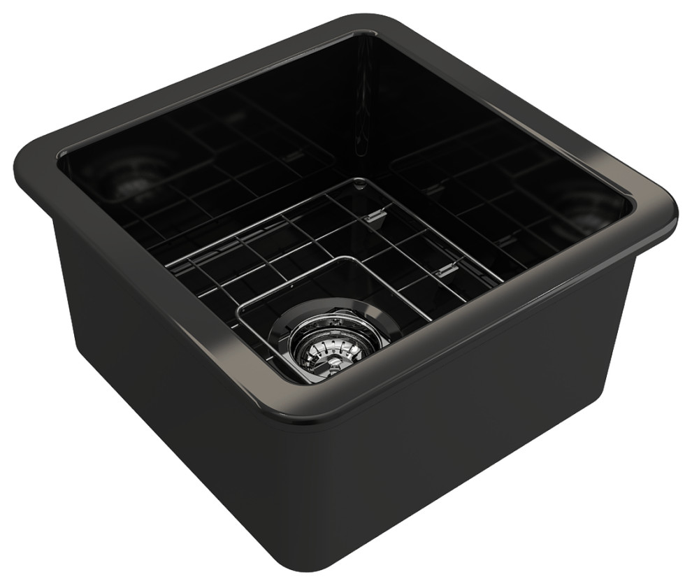 Sotto Dual-mount Fireclay 18" Single Bowl Bar Sink with Grid, Strainer ...