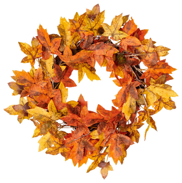 22" Fall Maple Leaves Wreath on Natural Twig Base - Modern - Wreaths ...