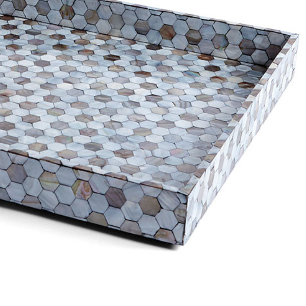 Luxe Mother of Pearl Shell Inlaid Decorative Tray Elegant 18" Hexagon ...