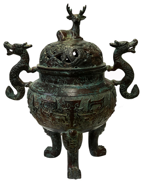 Vintage Look Chinese Green Black Ancient Ding Shape Holder Display ws3019 - Asian - Decorative ...