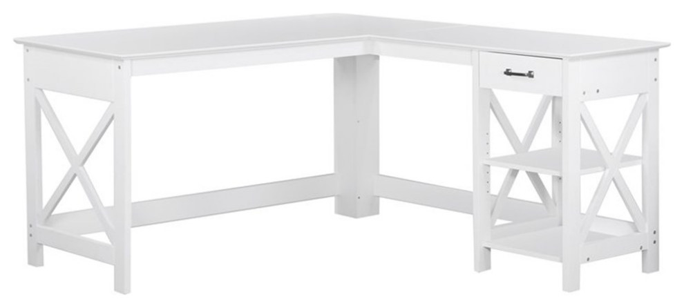 Saint Birch L-Shaped Farmhouse Wood Desk with 2 Shelves in White ...