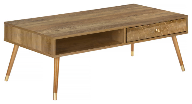 44" Walnut Rectangular Coffee Table With Drawer And Shelf - Midcentury ...