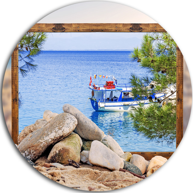 Framed Boat In Ocean, Seashore Art Large Disc Metal Wall Art, Disc of ...