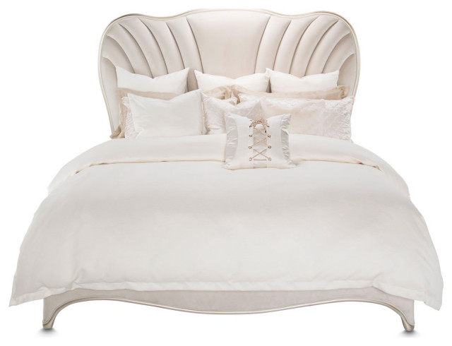 Aico Amini London Place E King Upholstered Panel Bed in Creamy Pearl, E ...
