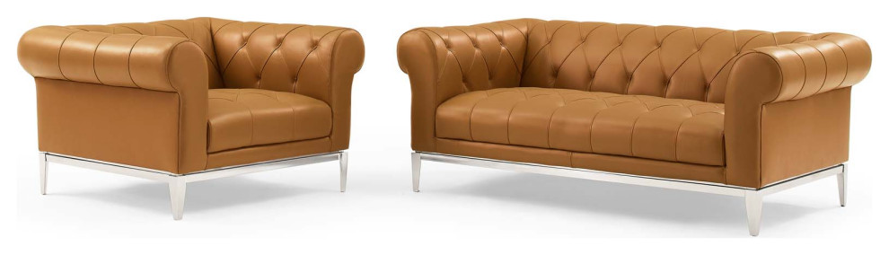 Tufted Armchair and Loveseat Sofa Set, Leather, Gray, Modern, Lounge ...