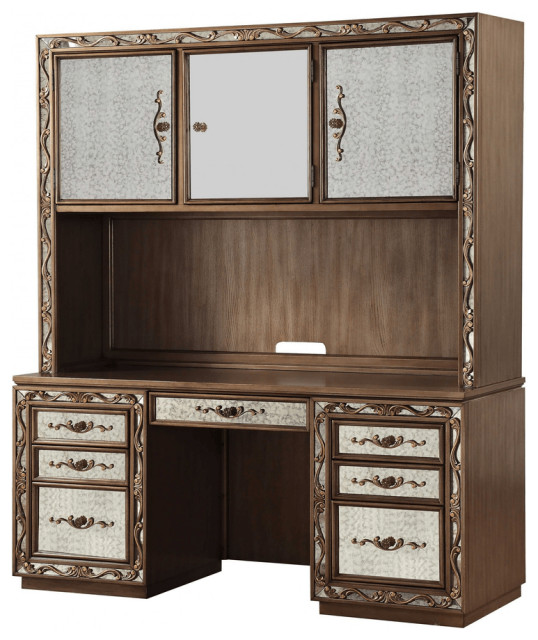 66" Gold Mirrored Computer Desk With Hutch With Three Cabinets Seven ...