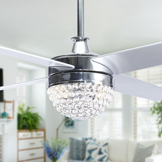 4-Blade Crystal Ceiling Fan With Light, Satin Nickel - Contemporary ...