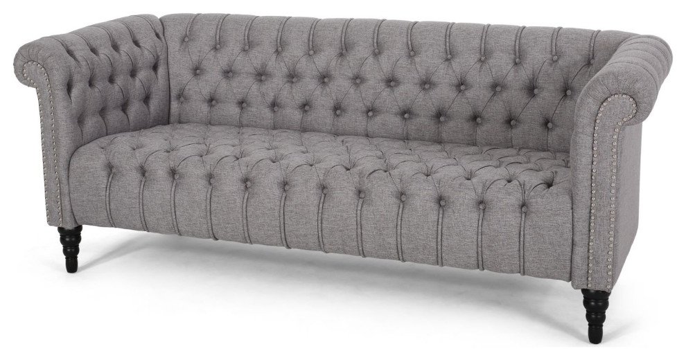 Chesterfield Sofa, Turned Legs & Button Tufted Gray Upholstery With ...