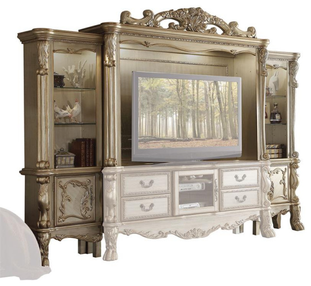 ACME Dresden Wooden Entertainment Center with Bridge in Vintage Bone ...