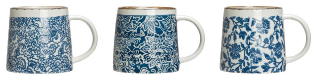 Blue & White Hand-Stamped Stoneware Mug with Gold Rim (Set of 3 ...