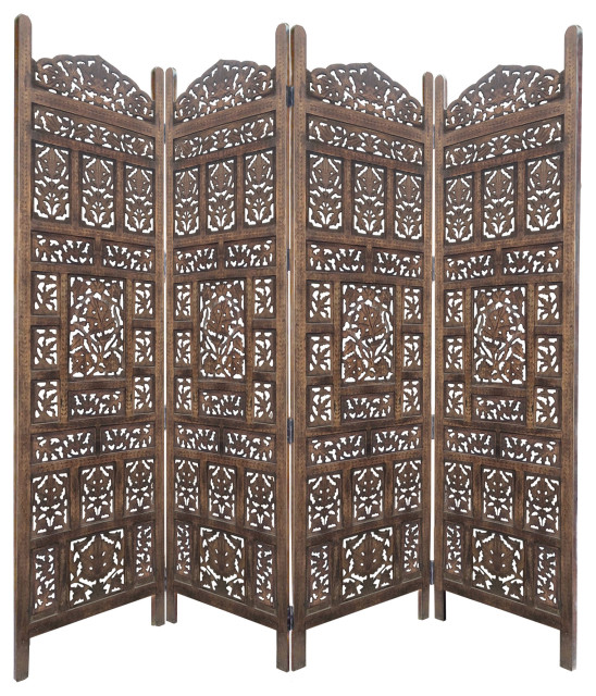 Benzara Classic 4 Panel Mango Wood Screen with Intricate Carvings ...