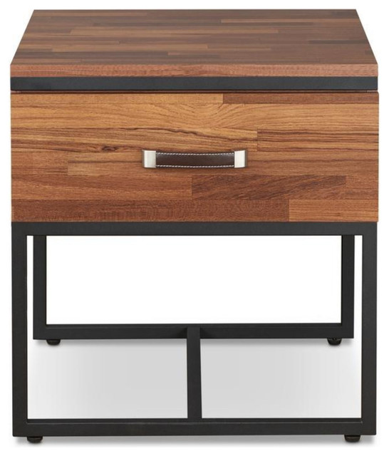 Metal Frame Rectangular End Table with Wooden Drawer, Walnut Brown and ...