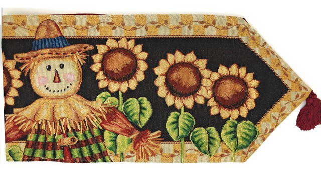 Fall Vintage Woven Tapestry Sunflower Field Scarecrow Table Runner ...