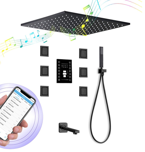 Remote Controlled 23*31" Matte Black Musical LED Shower System and 6 ...