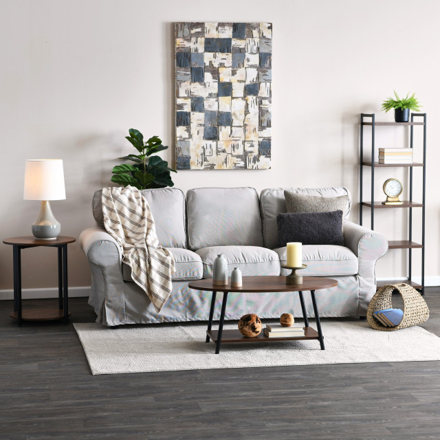 Jamestown Oval Coffee Table, Storage Shelf Mid Century Walnut, Black ...