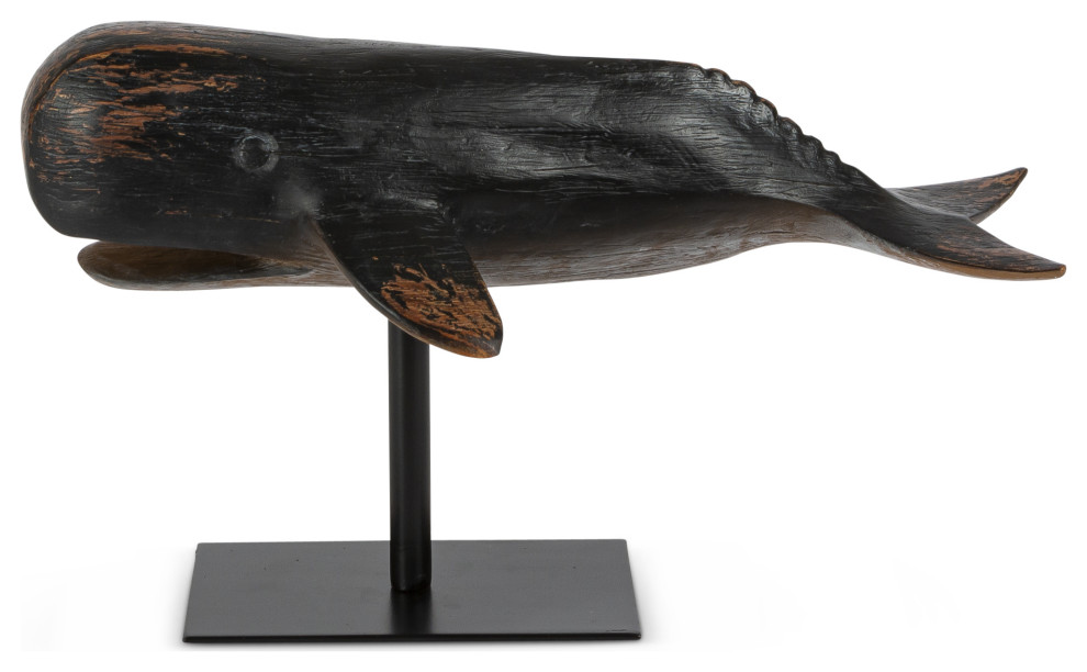 8" Antique Wood Look Resin Whale With Stand - Beach Style - Decorative ...