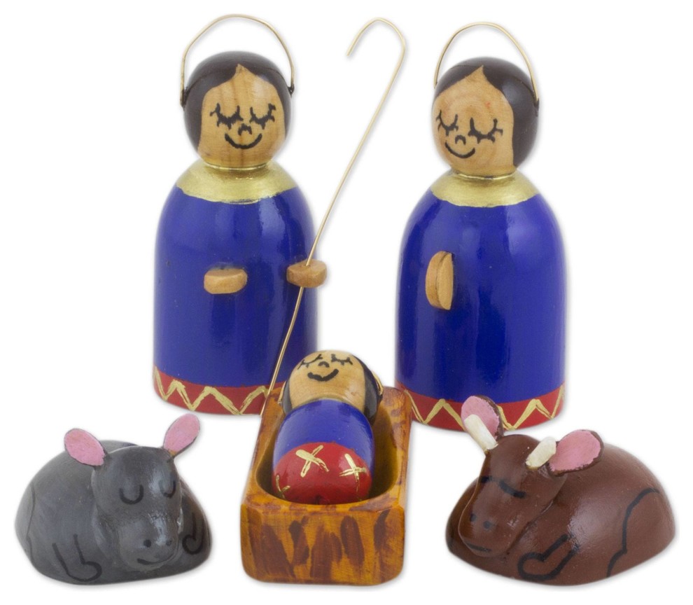 Holy Family, Royal Blue Wood Nativity Scene, 6-Piece Set - Contemporary ...