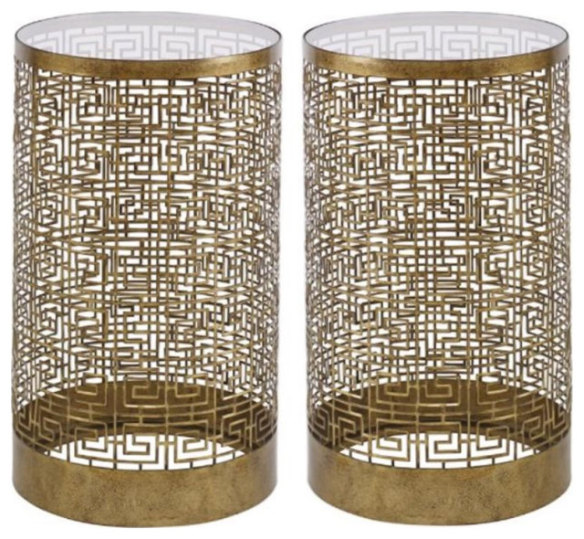 Home Square 14" Round Glass Top Accent End Table in Gold - Set of 2 ...