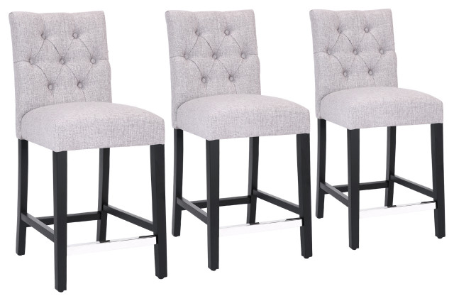Hayes 24" Linen Fabric Tufted Counter Stool, Set of 3, Light Gray ...