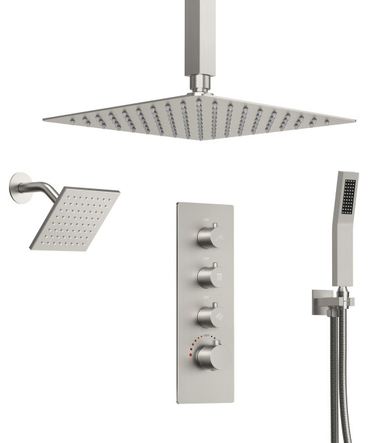 Dual Heads Shower System 16" Rain Shower Head with 4 Way Thermostatic ...