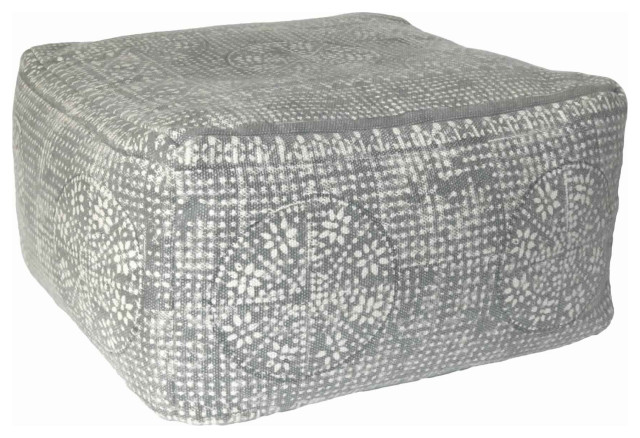 Square Shape Block Printed Fabric Upholstered Pouf, Gray - Contemporary ...
