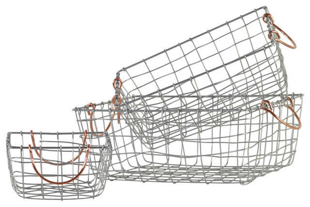 Metal Rectangle Wire Mesh Basket With Copper Handles, Set of 3, Silver ...