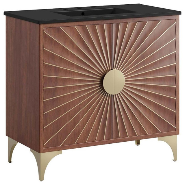 Modway Daylight 36" Solid Mango Wood Bathroom Vanity in Black/Walnut ...