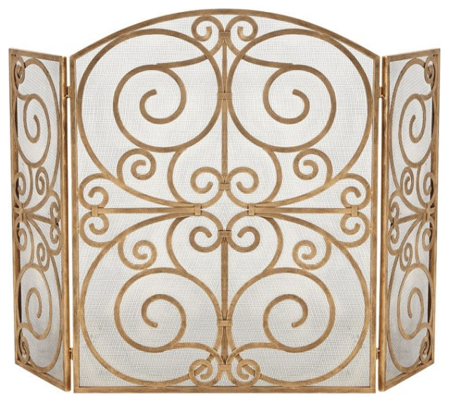 3-Panel Fireplace Screen Antique Gold Rolled Scroll Design ...