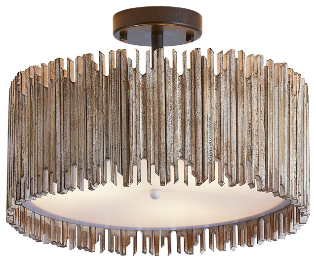 Farmhouse Wooden Cage Semi-Flush Mount Lighting With 3-Light ...