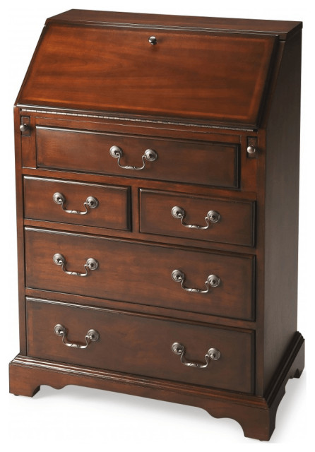 26" Brown Rubberwood Wood Secretary Desk With Five Drawers ...