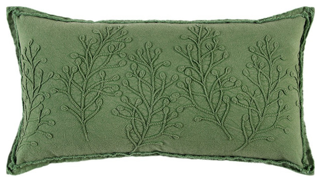 Green Botanical Pattern Embroidered Lumbar Pillow - Contemporary ...
