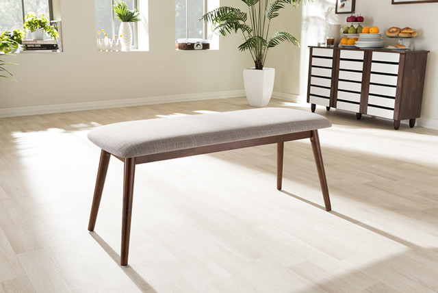 Flora Mid-Century Modern Light Gray and Oak Wood Dining Bench ...