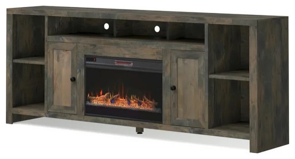 84" Modern Rustic TV Stand with Electric Fireplace, Real Wood Solids ...