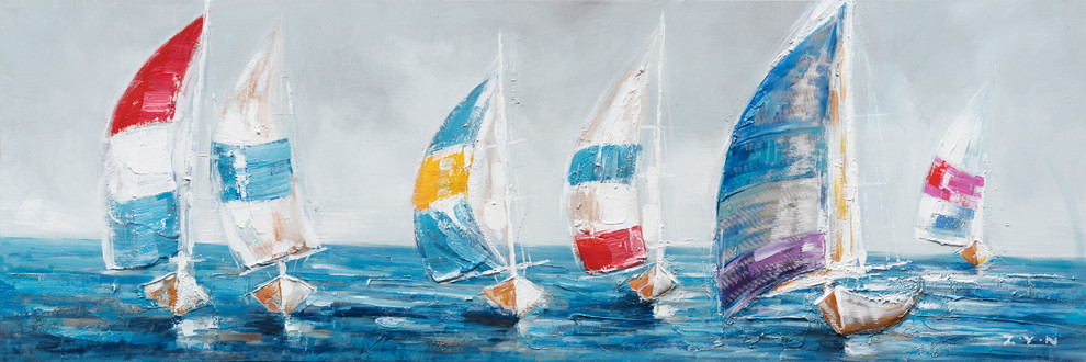 "Colorful Sailboats I" Hand Painted Canvas Art, 60"x20" - Beach Style ...