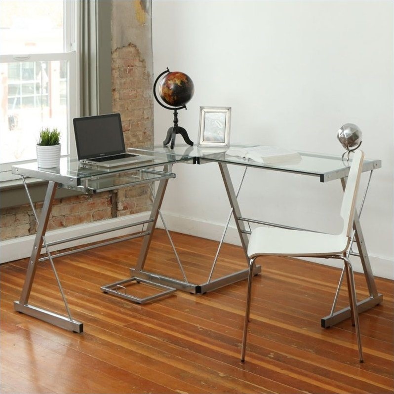 L Shaped Glass Top Computer Desk in Silver - Contemporary - Desks And ...