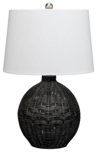 Contemporary Woven Black Rattan Round Table Lamp 23 in Coastal Casual ...