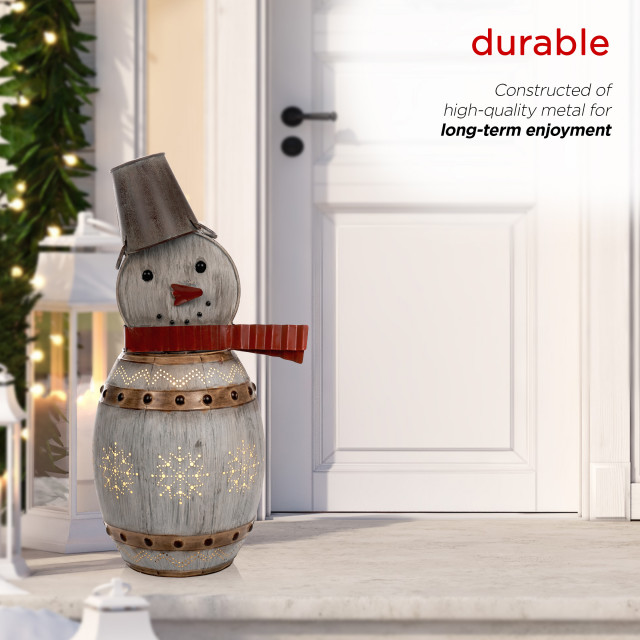 30"H Indoor/Outdoor Metal Barrel Snowman Holiday Decoration with LED ...