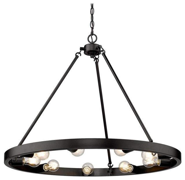 Contemporary Chandelier, Metal Wheel Design With 9 Lights, Matte Black ...