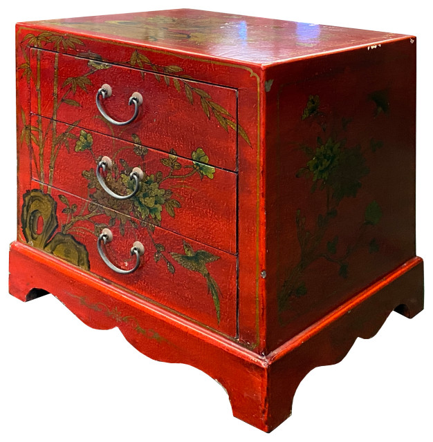Chinese Red Vinyl Flower Birds 3 Drawers End Table Nightstand Hcs6199 ...